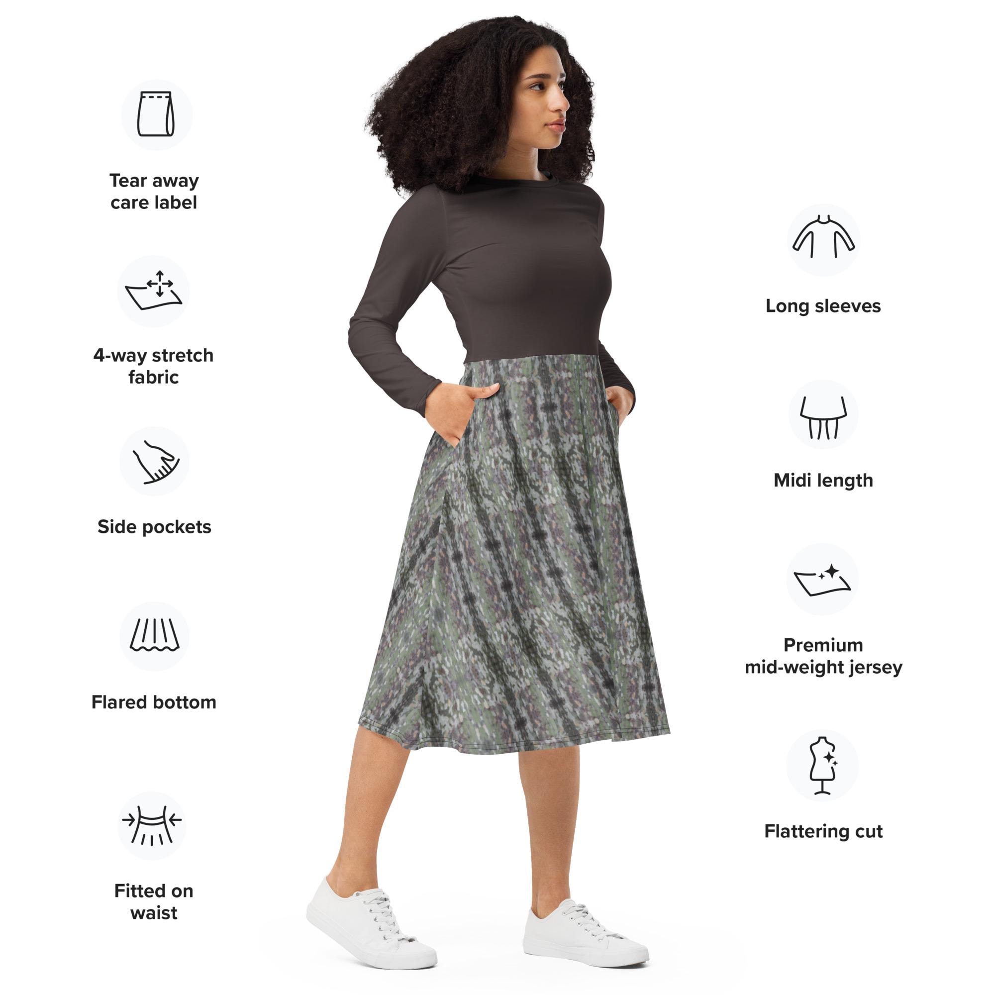 Geometric London Plane Tree Bark Midi Dress With Pockets | Long Sleeve ...
