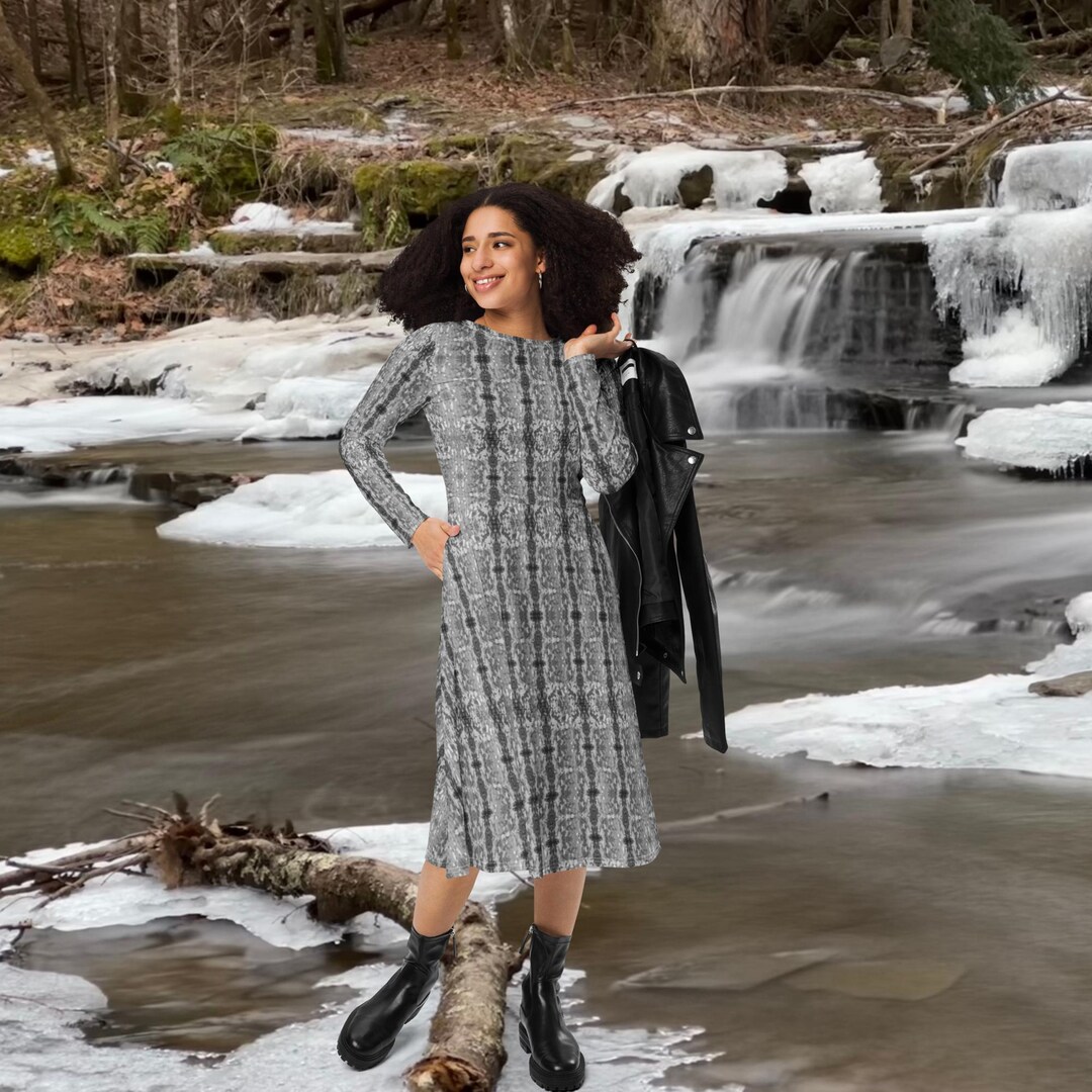 Geometric London Plane Tree Bark Midi Dress – Grayscale All-over Print ...