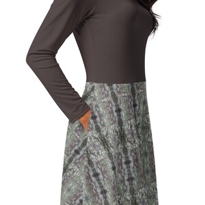 Geometric London Plane Tree Bark Midi Dress With Pockets Long Sleeve ...