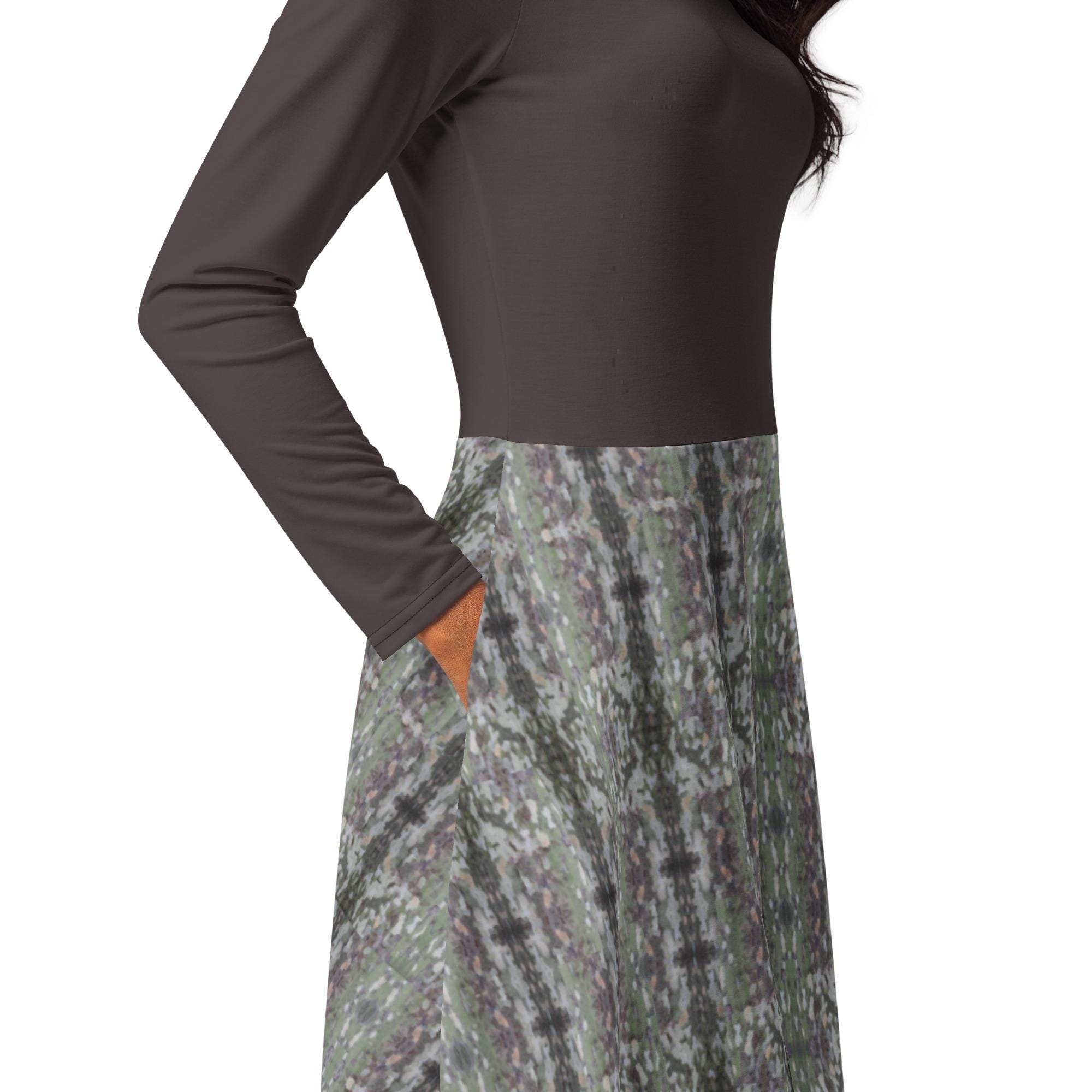 Geometric London Plane Tree Bark Midi Dress With Pockets | Long Sleeve ...
