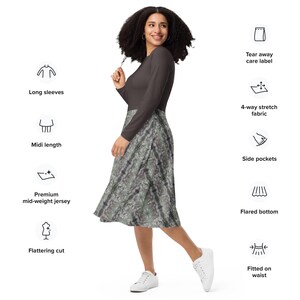 Geometric London Plane Tree Bark Midi Dress With Pockets | Long Sleeve ...