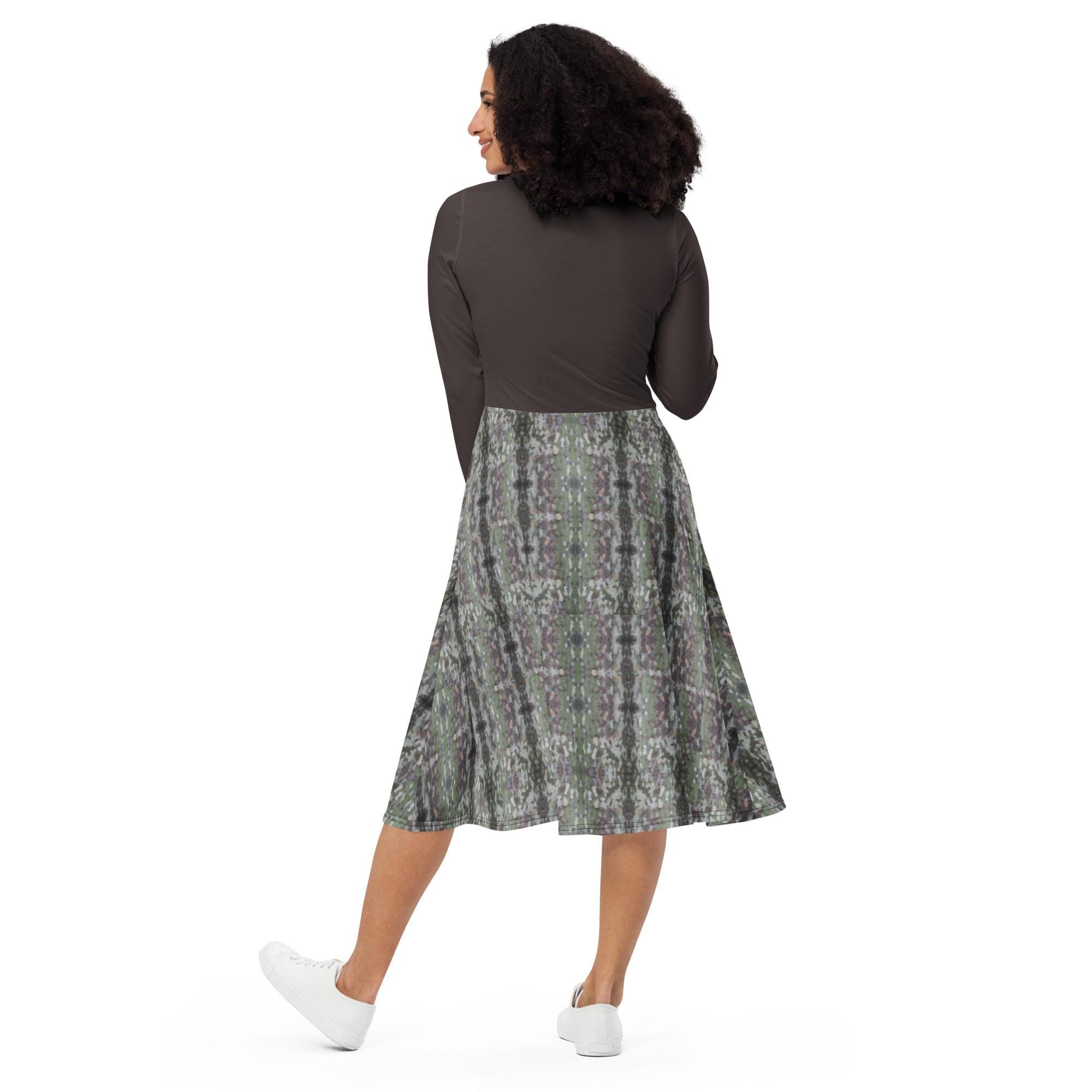 Geometric London Plane Tree Bark Midi Dress With Pockets | Long Sleeve ...