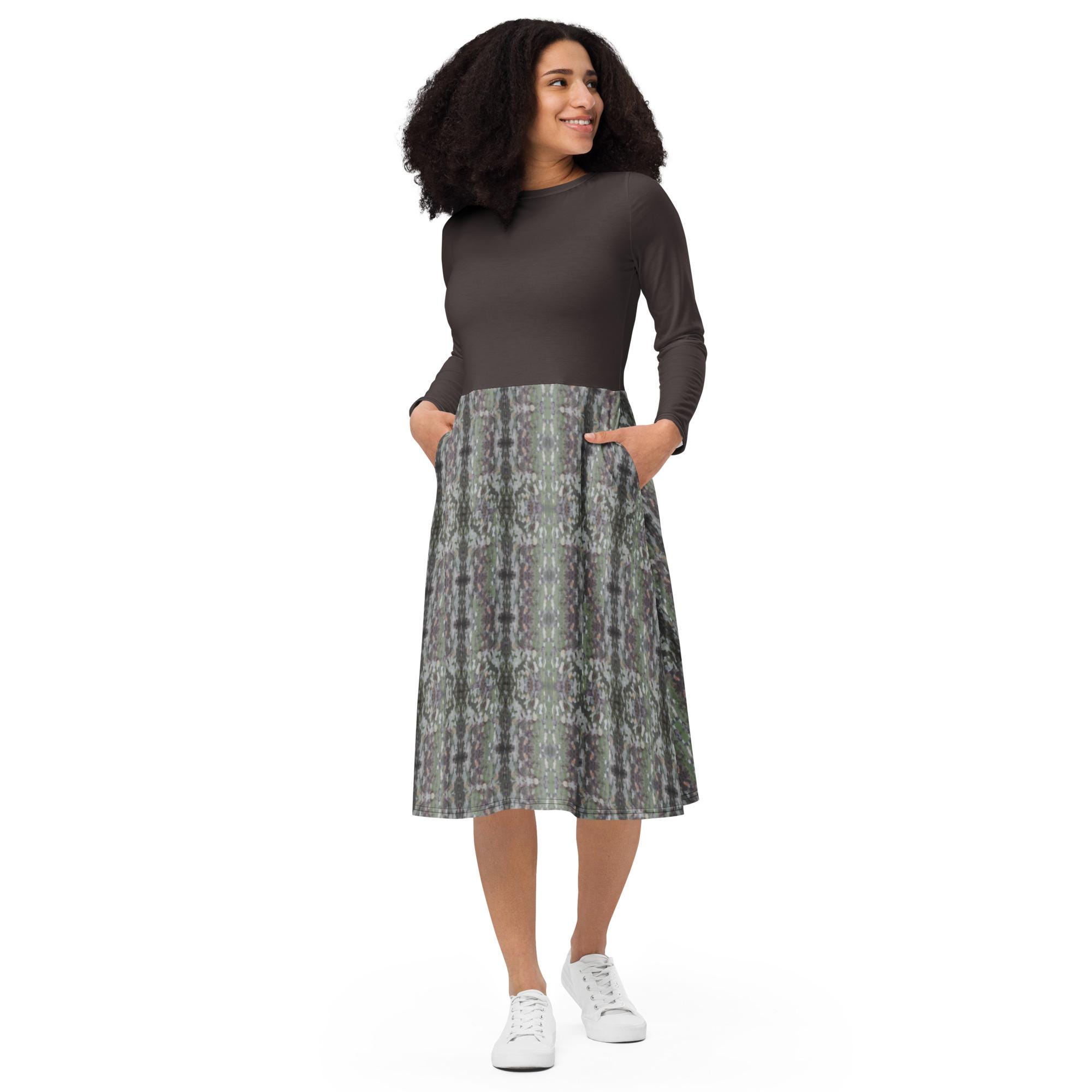 Geometric London Plane Tree Bark Midi Dress With Pockets | Long Sleeve ...