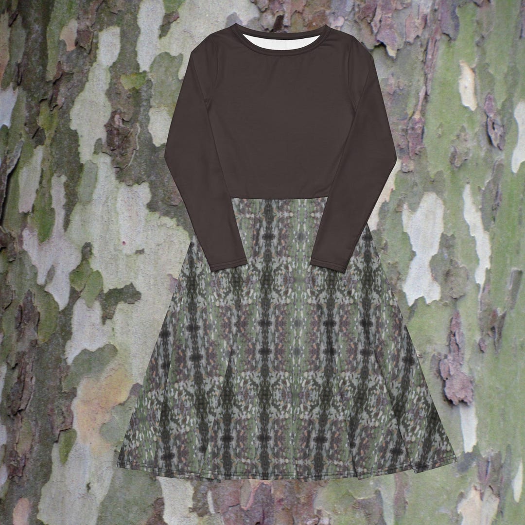 Geometric London Plane Tree Bark Midi Dress With Pockets | Long Sleeve ...