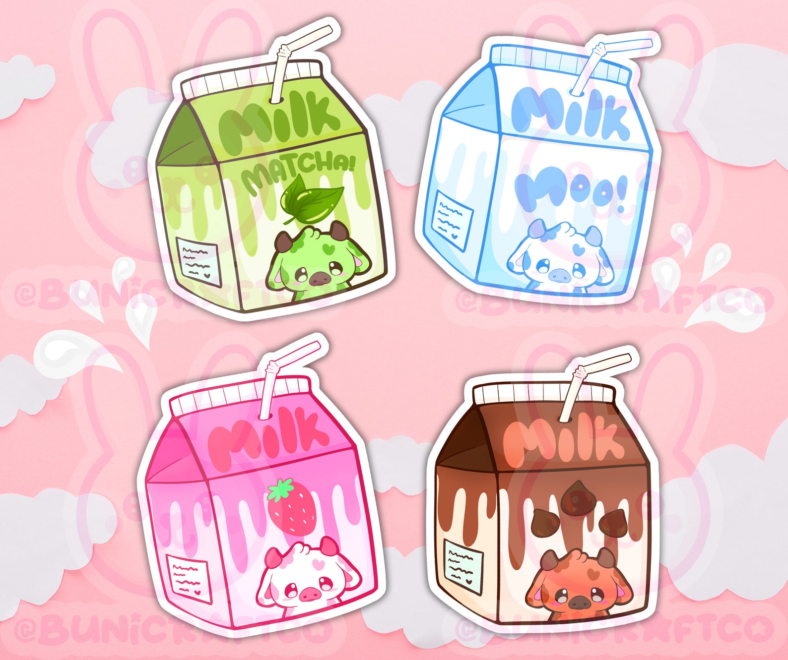 Kawaii Milk Cartons Stickers - Choco Milk, Matcha Milk, Strawberry Milk ...