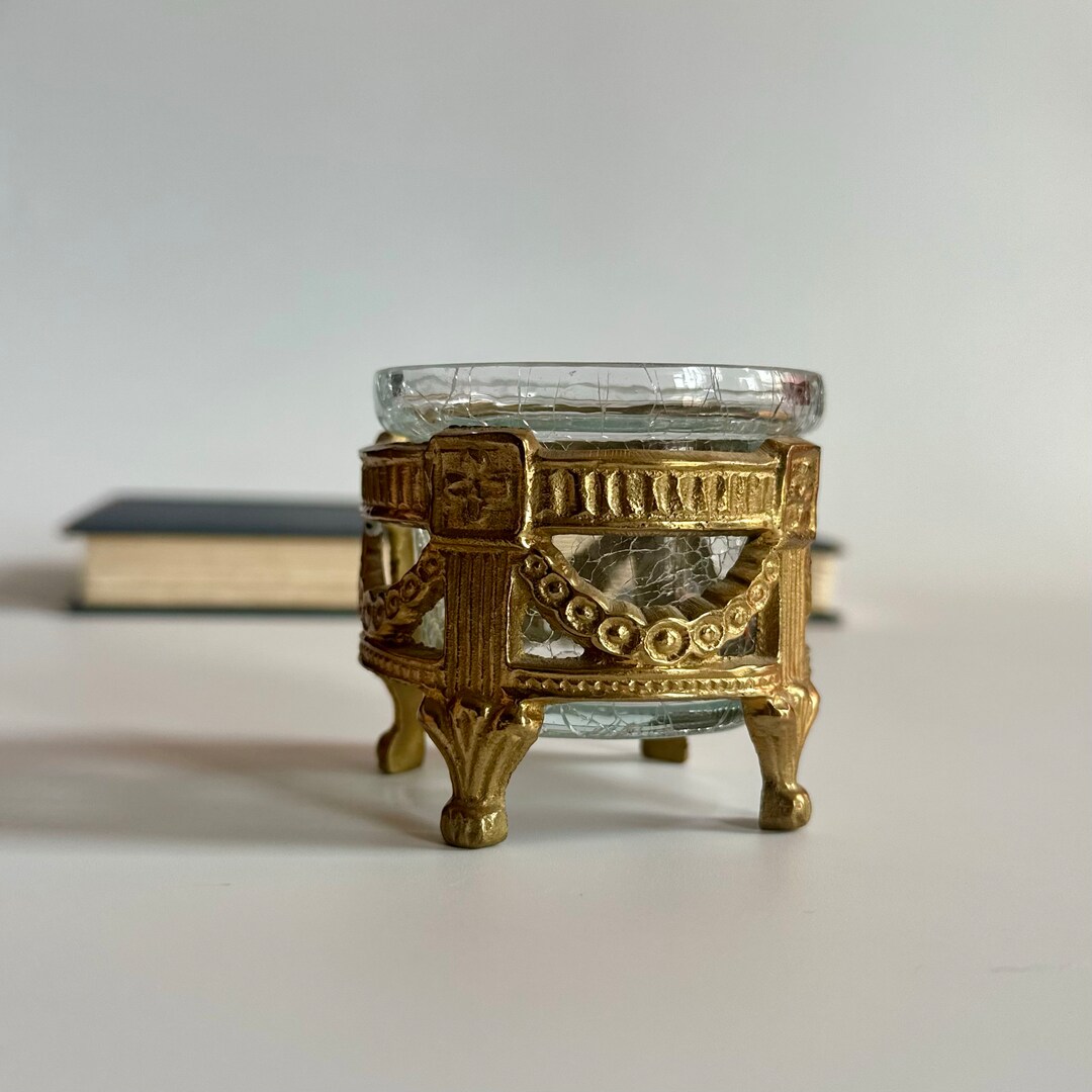 Vintage Brass Votive Candle Holder With Crackle Glass Insert, Intricate ...