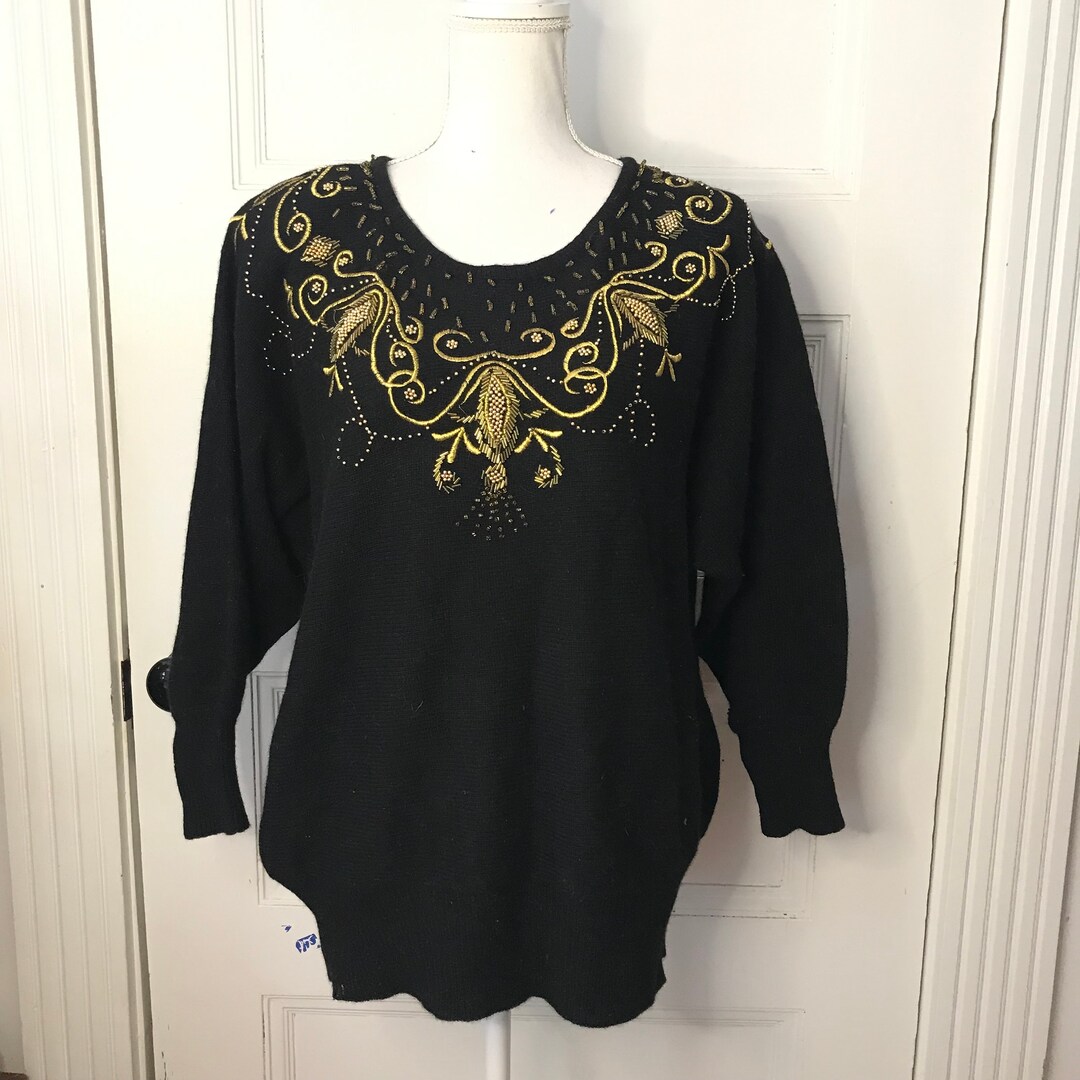 Embroidered Angora Sweater Size M, 80s Carducci Black Gold Lambswool ...