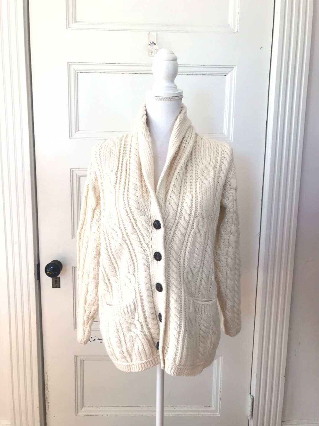 Ivory Irish Cabled Shawl Collar Cardigan Sweater Size S, Lands End ...