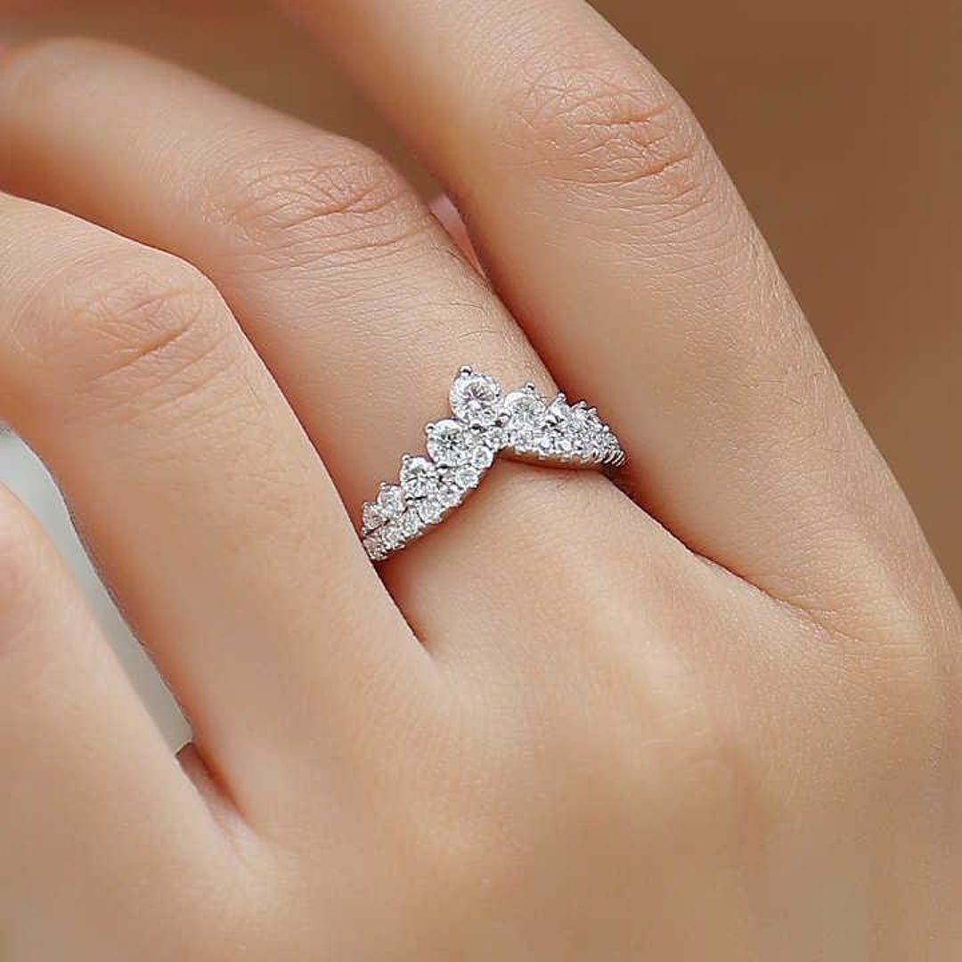 Princess Crown Wedding Ring: Lab Grown Diamond & 18K Gold Half Eternity ...