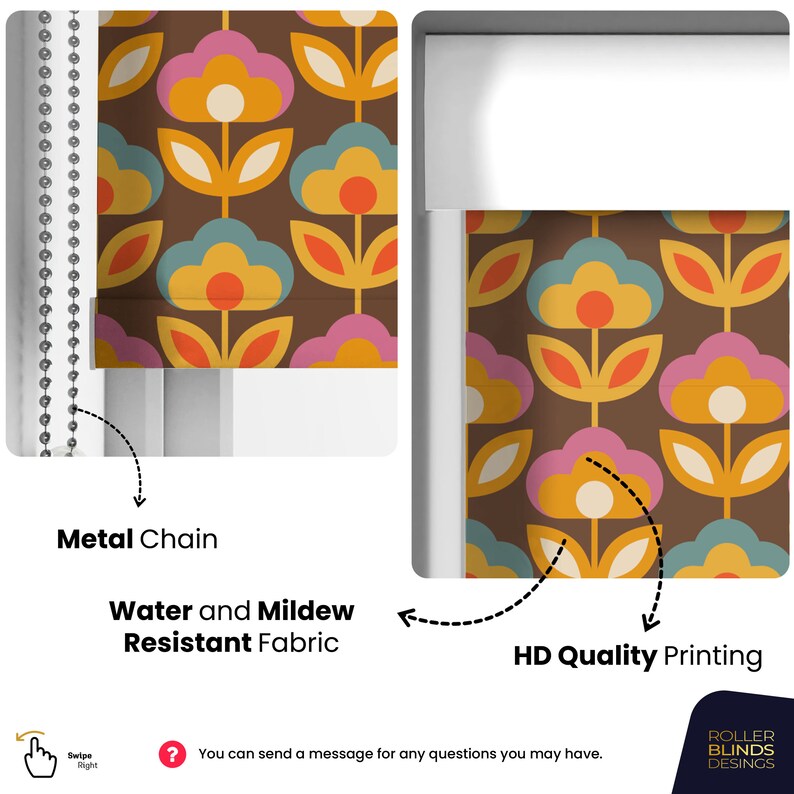 Retro Floral Roller Blinds Mid-century Modern Inspired Window Shades ...