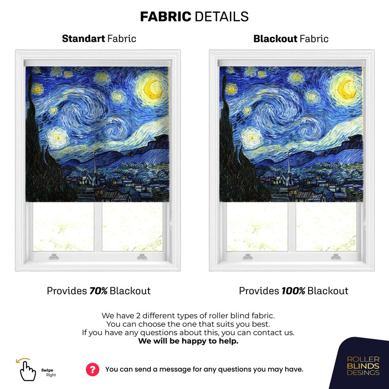 Van Gogh Starry Night Roller Blinds Iconic Swirling Sky and Stars, Blue and Yellow Art, Classic ...
