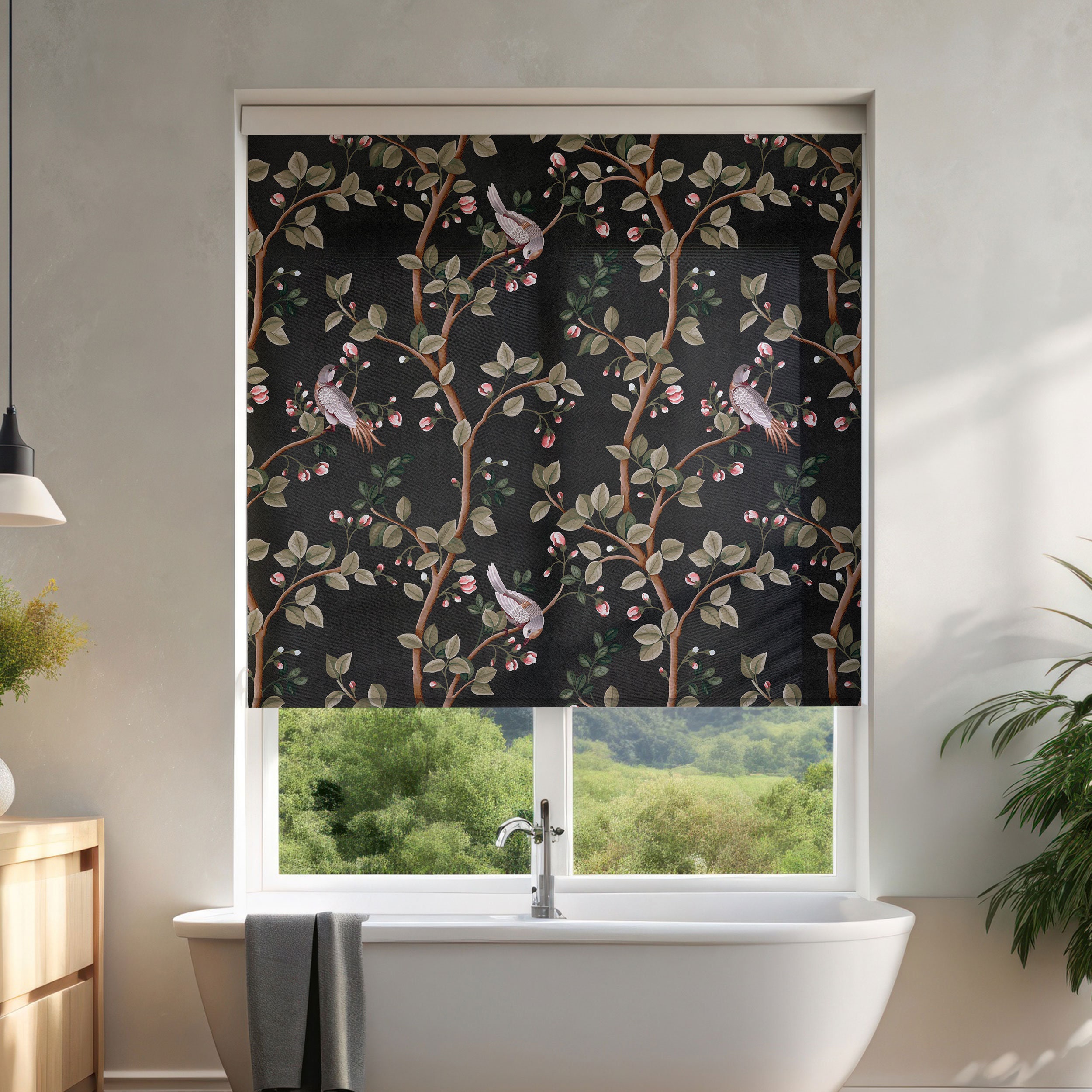 Enchanted Garden Roller Blind, Dark Floral and Bird Pattern Blackout ...