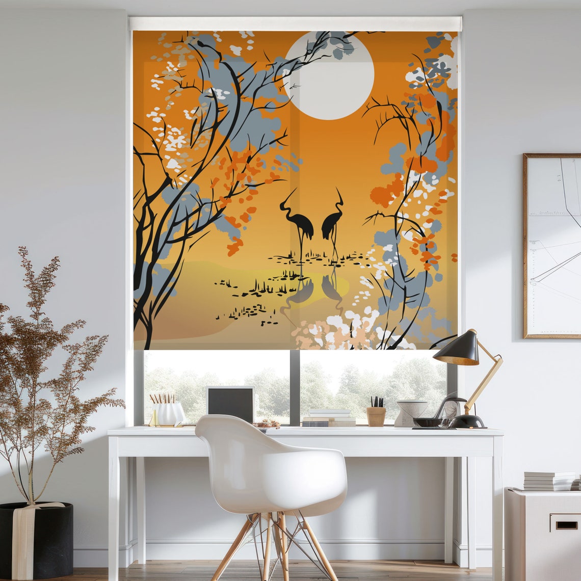 Orange Blossom and Cranes Roller Blind A Tranquil Addition for Living ...
