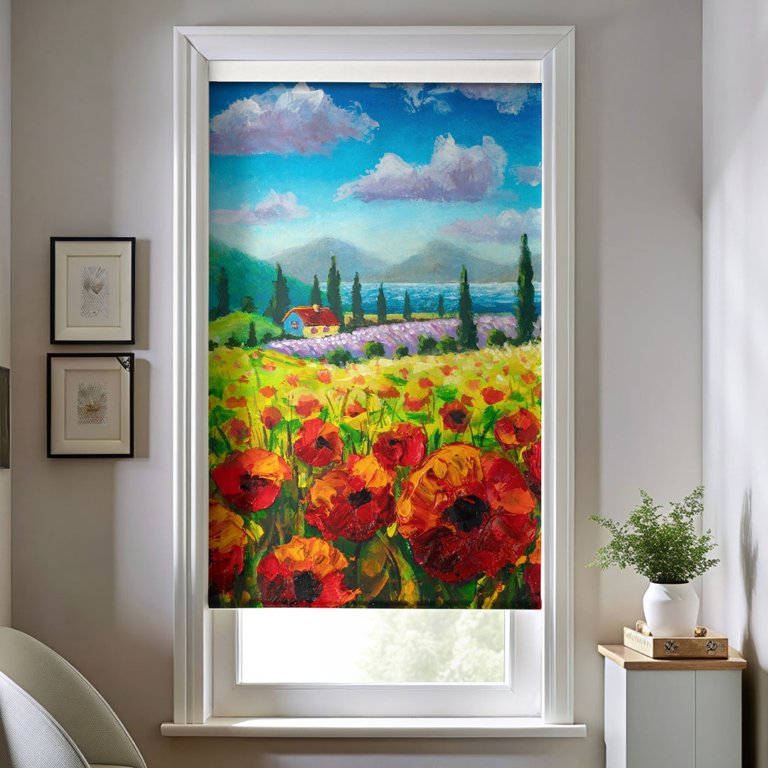 Vibrant Floral Landscape Roller Blind, Colorful Poppy Field Window ...