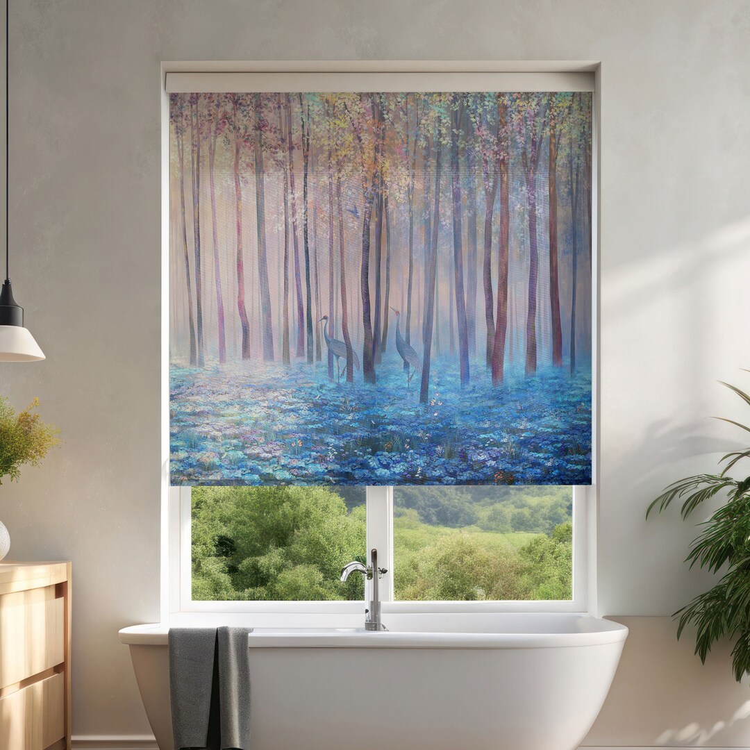 Enchanted Forest Roller Blind Serene Cranes in Misty Woods for Bedroom, Living Room, or Study - Etsy