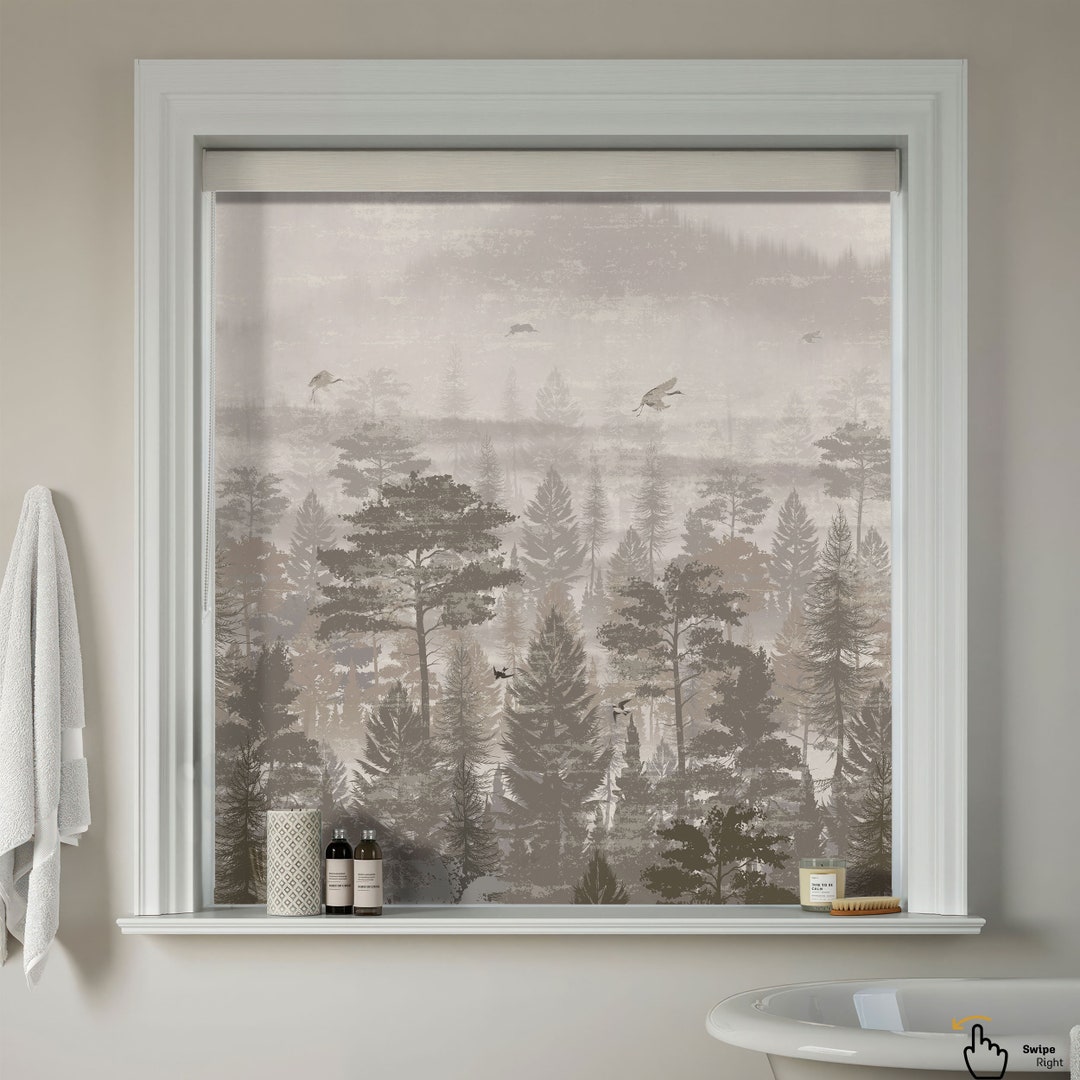 Misty Forest Roller Blind, Serene Woodland Scene With Flying Birds ...