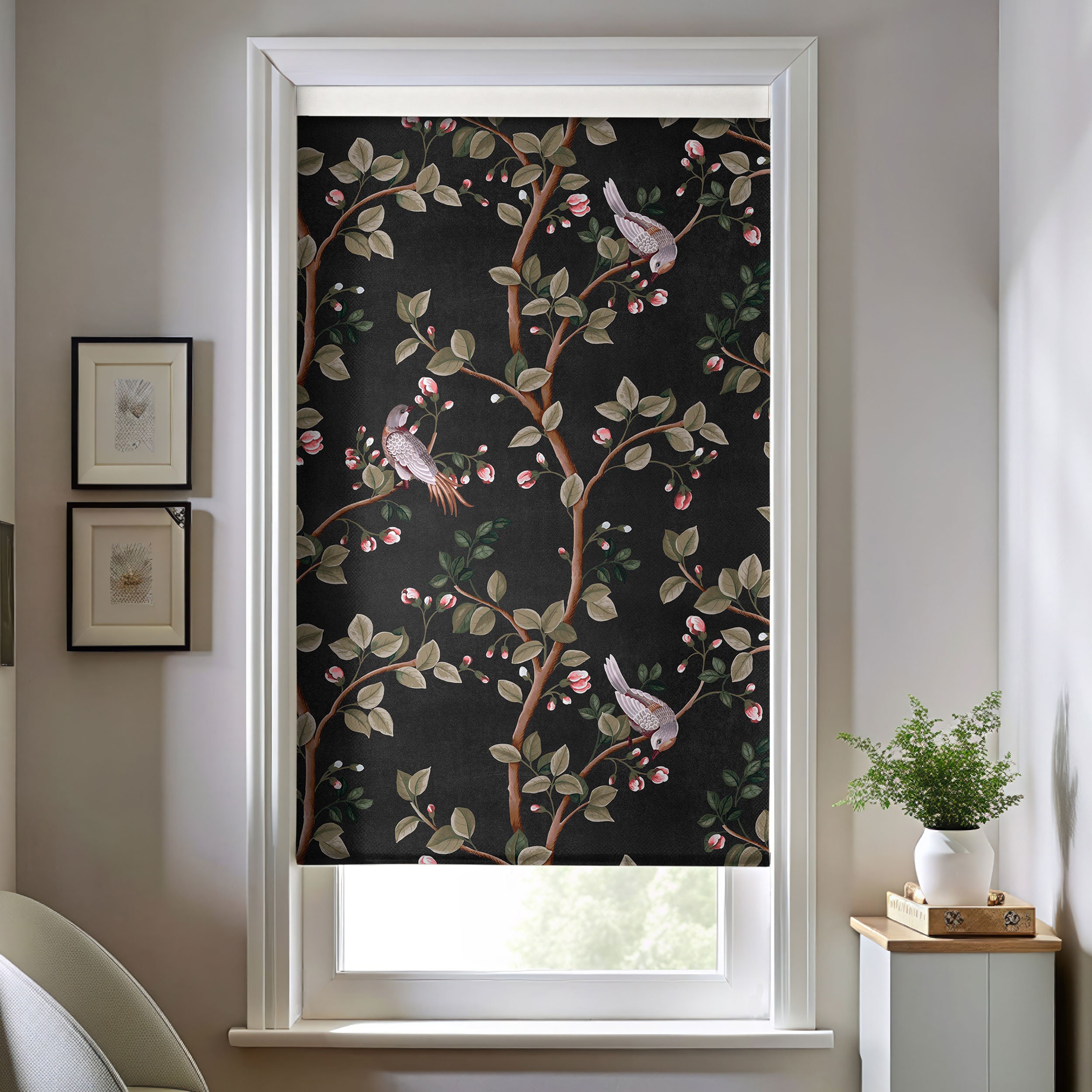 Enchanted Garden Roller Blind, Dark Floral and Bird Pattern Blackout ...