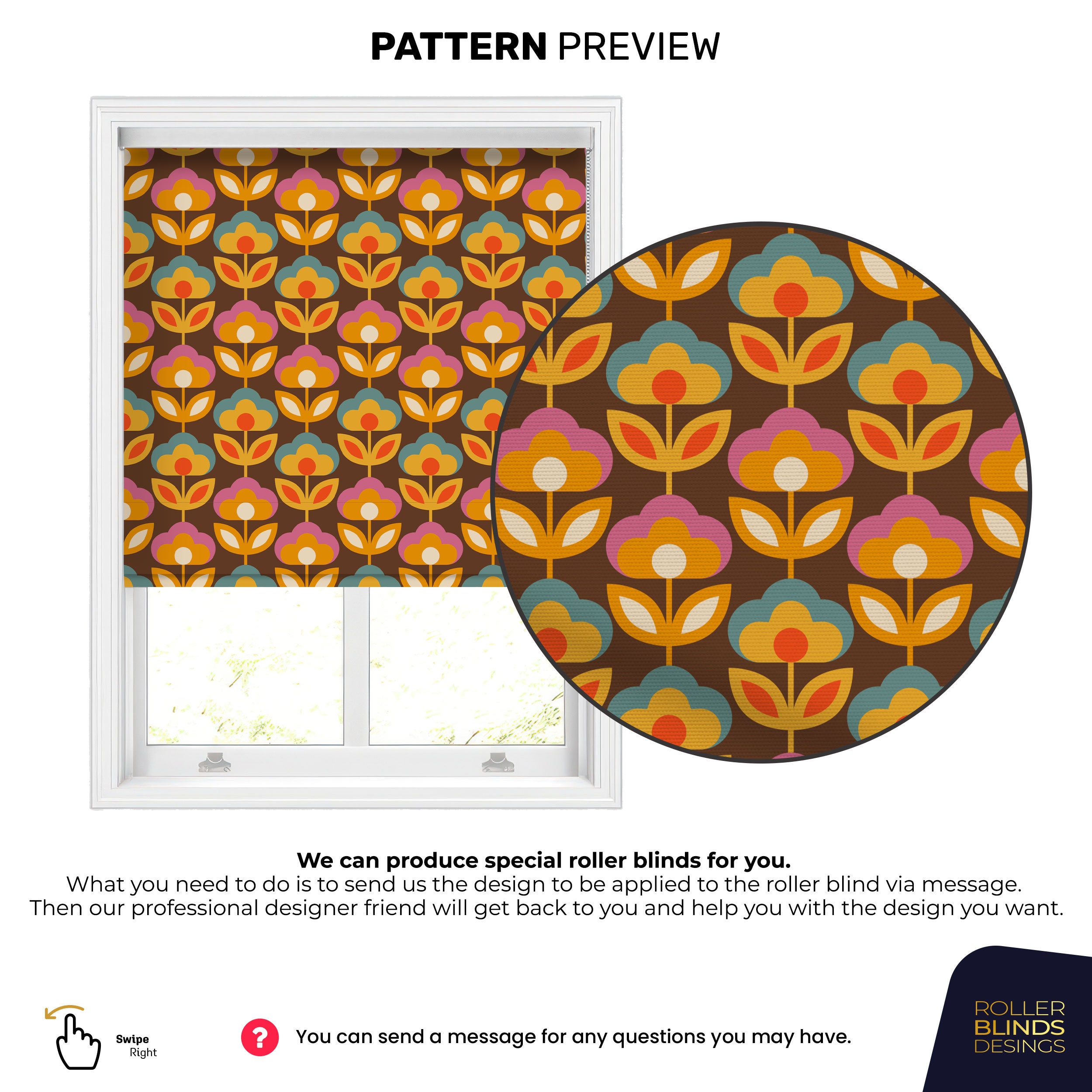 Retro Floral Roller Blinds Mid-century Modern Inspired Window Shades ...