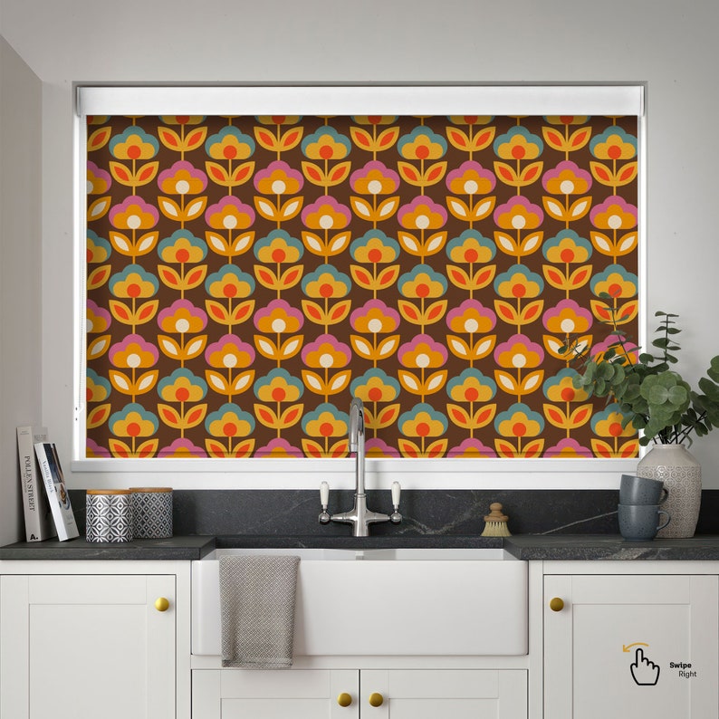 Retro Floral Roller Blinds Mid-century Modern Inspired Window Shades ...