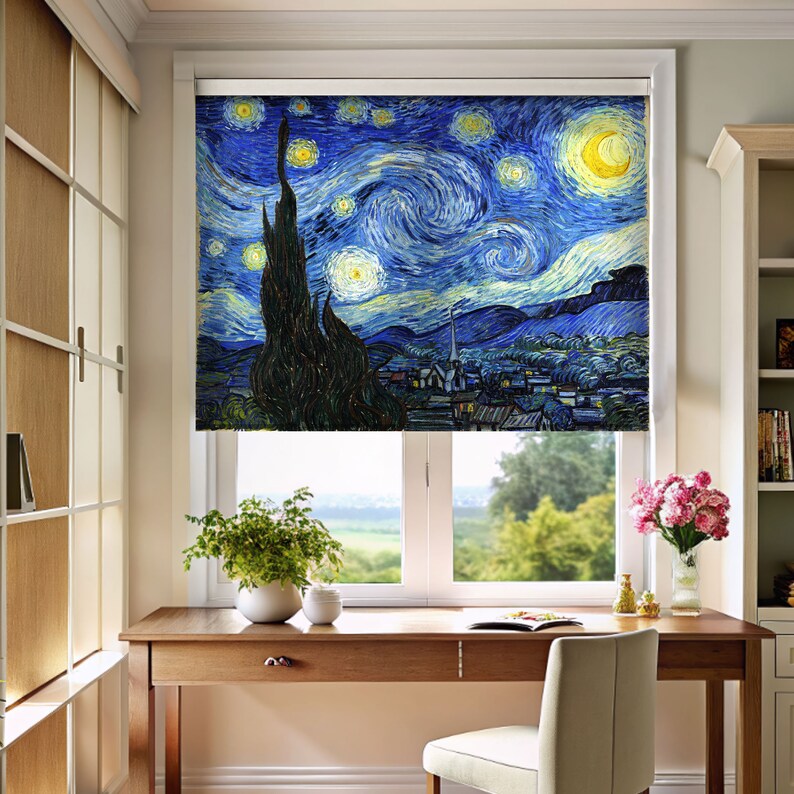Van Gogh Starry Night Roller Blinds Iconic Swirling Sky and Stars, Blue and Yellow Art, Classic ...