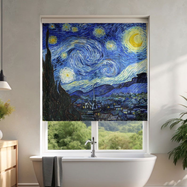 Van Gogh Starry Night Roller Blinds Iconic Swirling Sky and Stars, Blue and Yellow Art, Classic ...