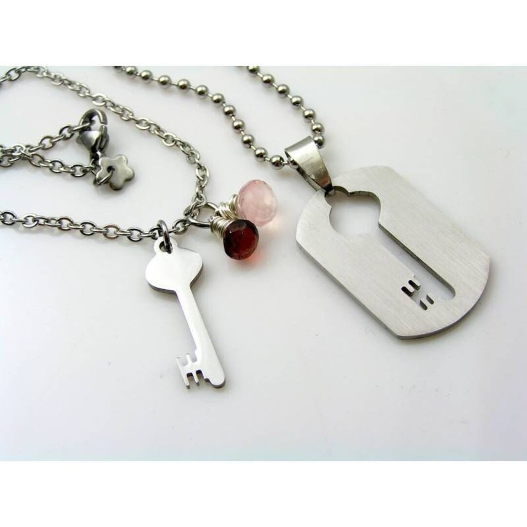 Lock and Key Couple Necklaces With Garnet and Rose Quartz, Boyfriend ...