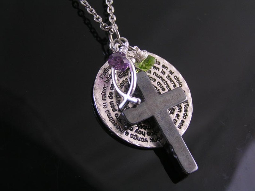 Cross Necklace, Our Father Prayer Pendant With Genuine Hematite Cross ...