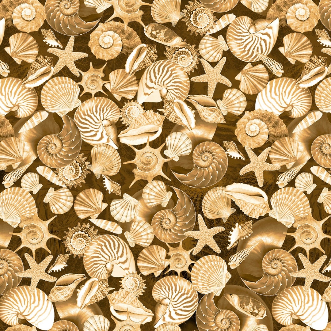 Tan Oceana Shells Kanvas Benartex 12531B-70 Cotton Ocean Fabric Beach ...