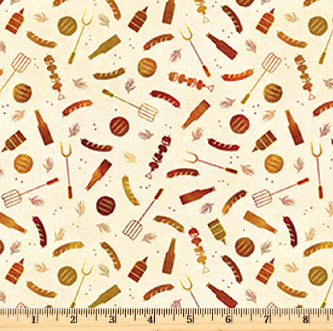 Barbeque Fabric: Backyard BBQ Grill Pattern, 100% Cotton - Etsy