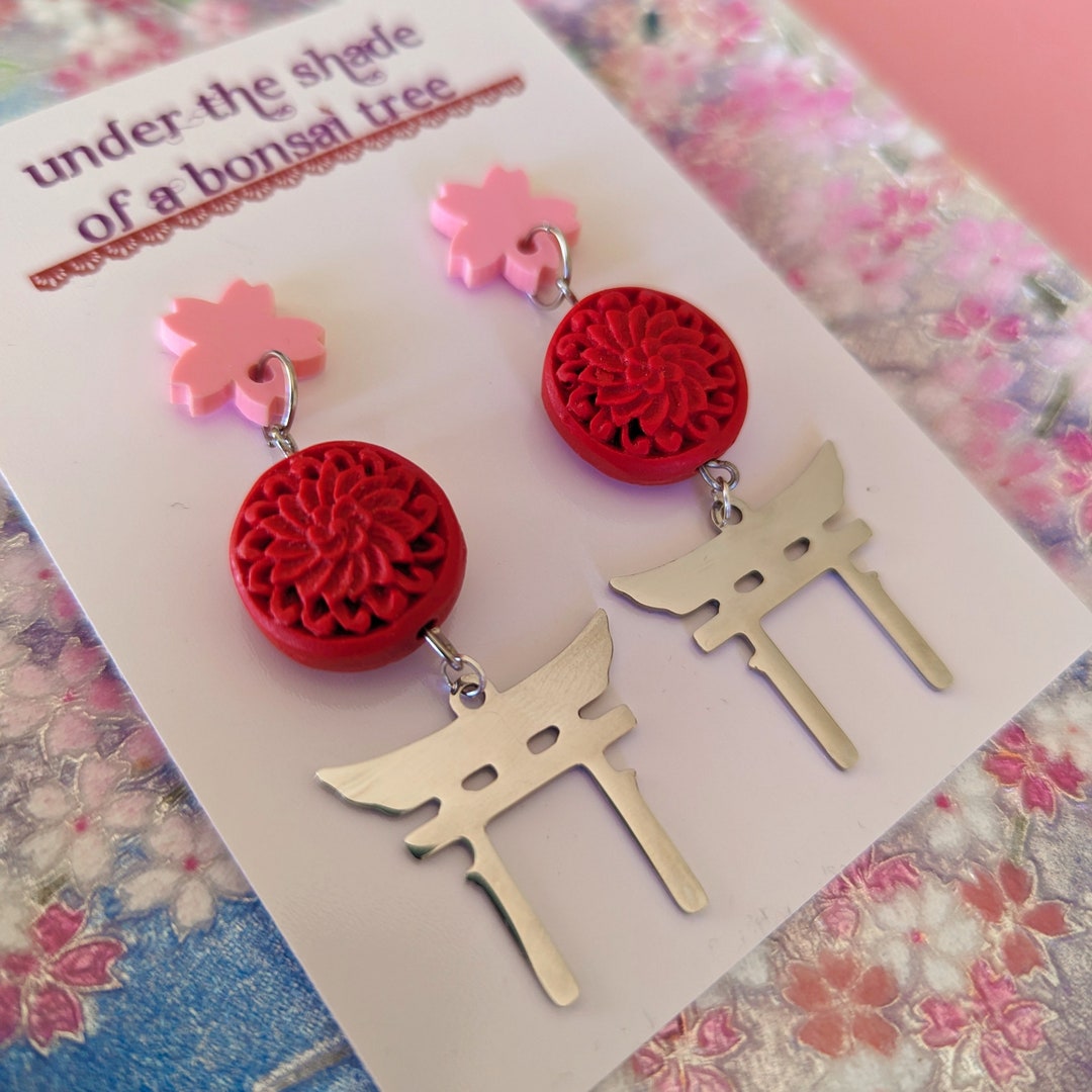 Silver Torii Gate, Red Rising Sun & Pink Sakura Earrings - Etsy