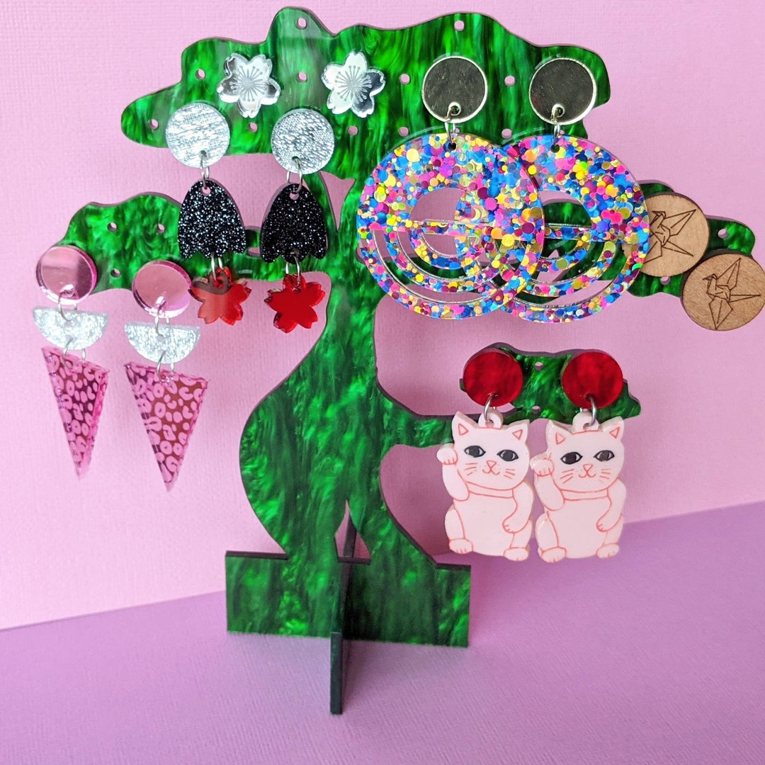 Bonsai Tree - Earring Holder Stand Display, Forest Green Marble Acrylic ...