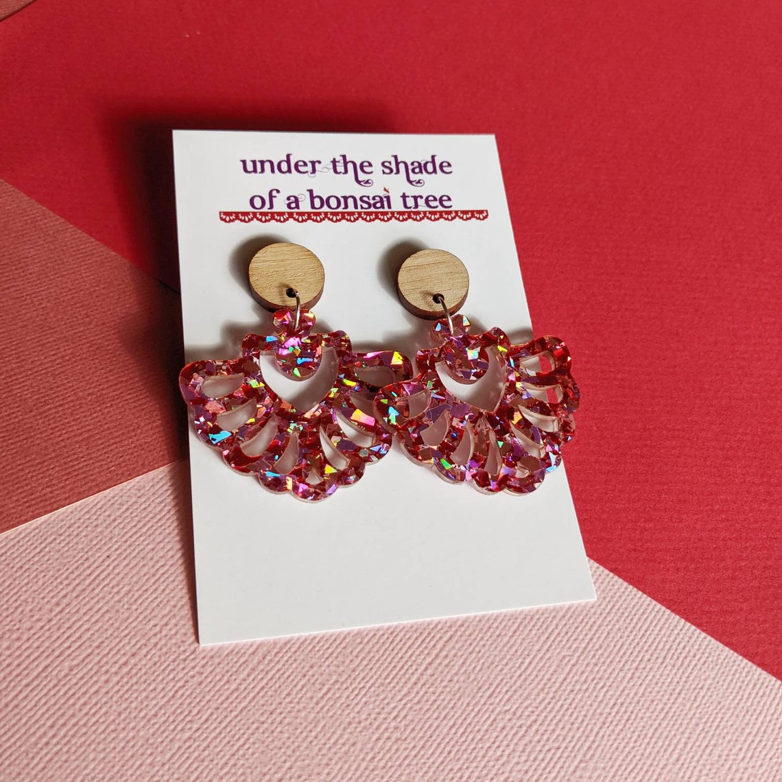 Frilly Fan Dangly Stud Statement Earrings, Tasmanian Oak Wood, Red and ...