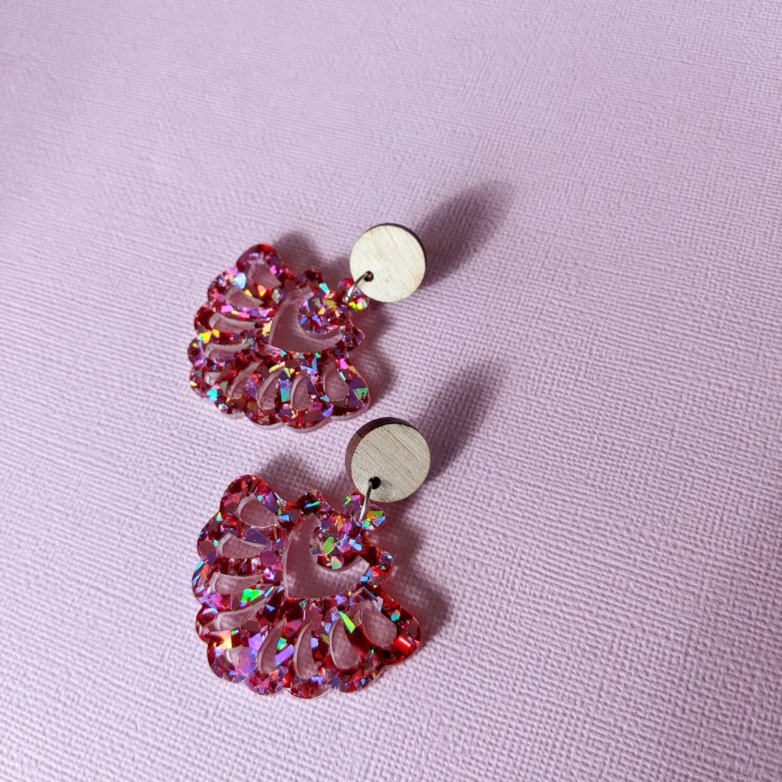 Frilly Fan Dangly Stud Statement Earrings, Tasmanian Oak Wood, Red and ...