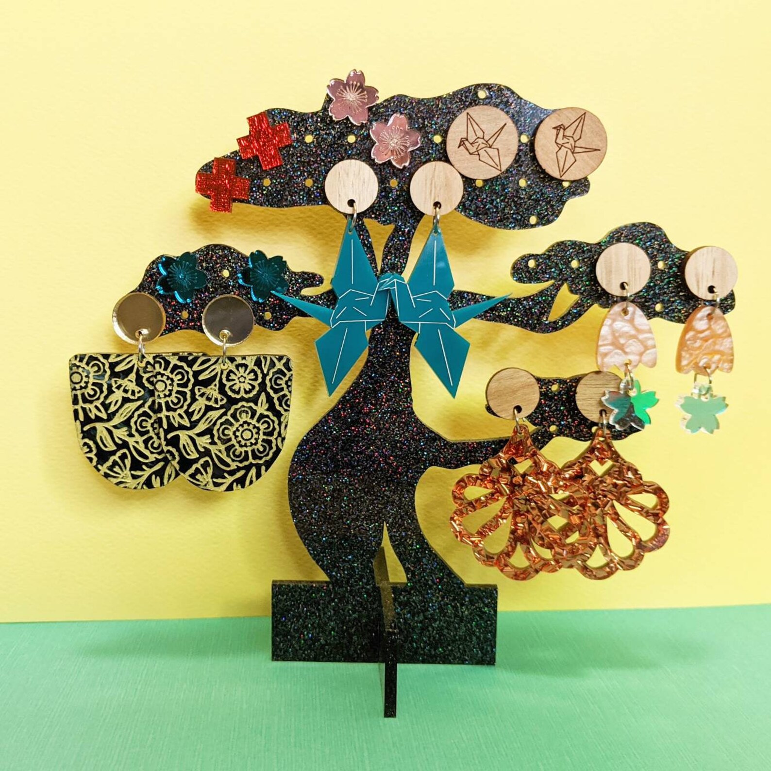 Bonsai Tree - Earring Holder Stand Display, Black Shimmery Holographic ...