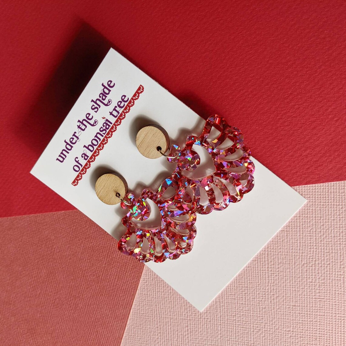 Frilly Fan Dangly Stud Statement Earrings, Tasmanian Oak Wood, Red and ...