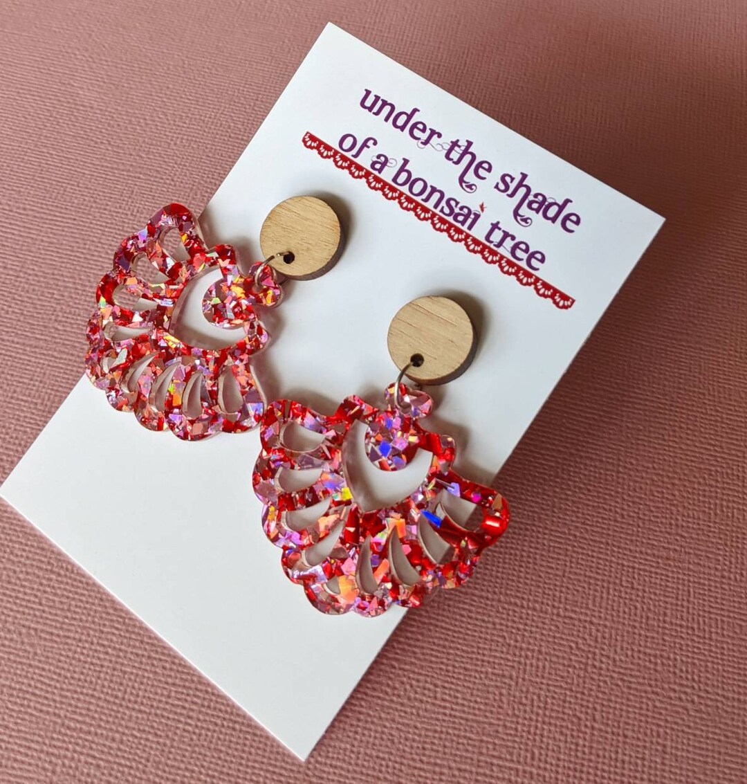 Frilly Fan Dangly Stud Statement Earrings, Tasmanian Oak Wood, Red and ...