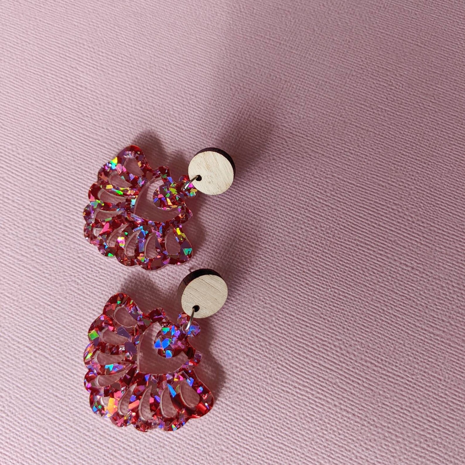 Frilly Fan Dangly Stud Statement Earrings, Tasmanian Oak Wood, Red and ...