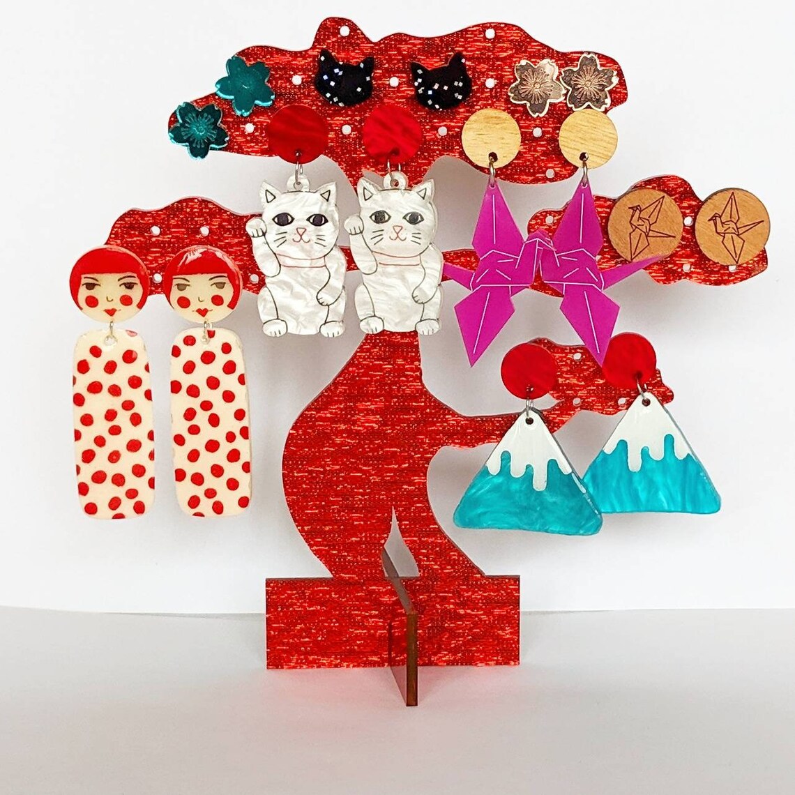 Bonsai Tree - Earring Holder Stand Display, Red Shimmery Fabric Acrylic ...