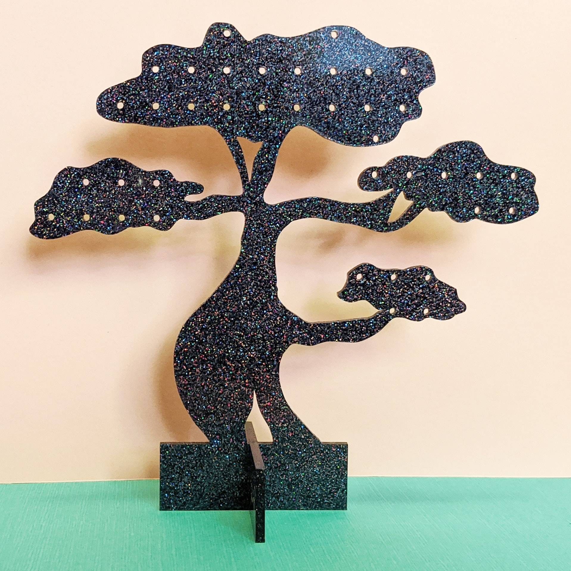 Bonsai Tree - Earring Holder Stand Display, Black Shimmery Holographic ...