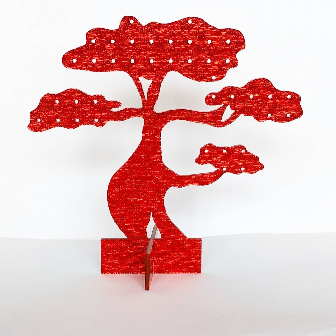 Bonsai Tree - Earring Holder Stand Display, Red Shimmery Fabric Acrylic ...