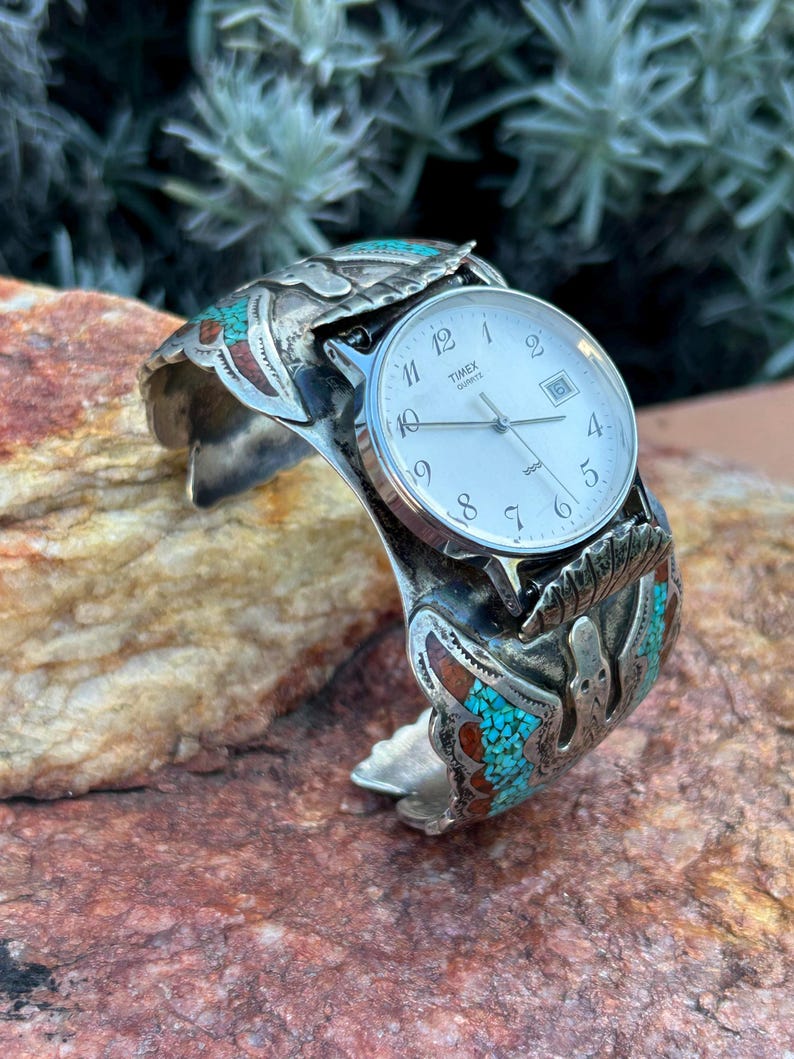 Vintage Navajo Watch Cuff Bracelet - Turquoise, Coral and Sterling ...
