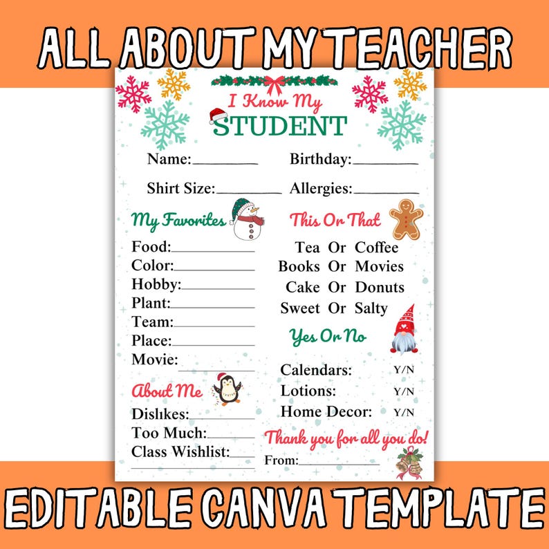 Christmas Favorites Student Survey, Editable Canva Template, Student ...