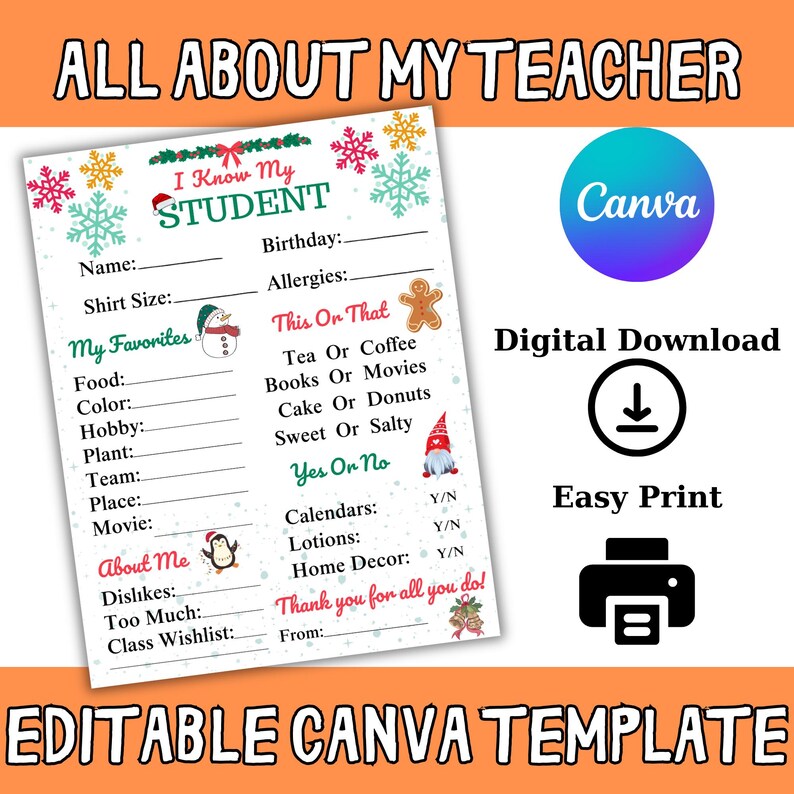Christmas Favorites Student Survey, Editable Canva Template, Student ...