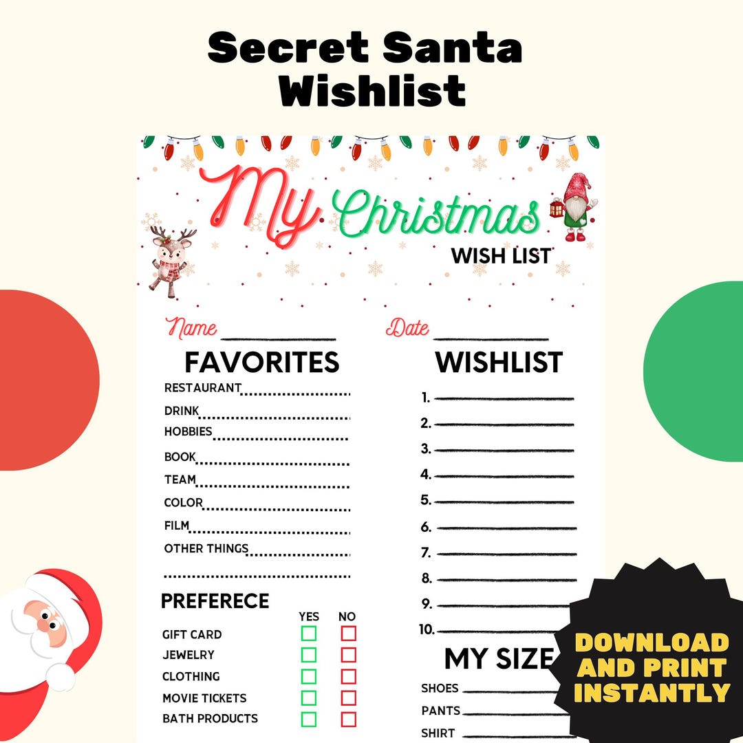 Christmas Wishlist & Preference Sheet, Secret Santa Organizer, Gift ...