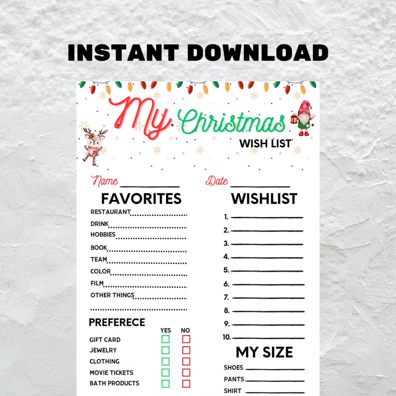 Christmas Wishlist & Preference Sheet, Secret Santa Organizer, Gift ...