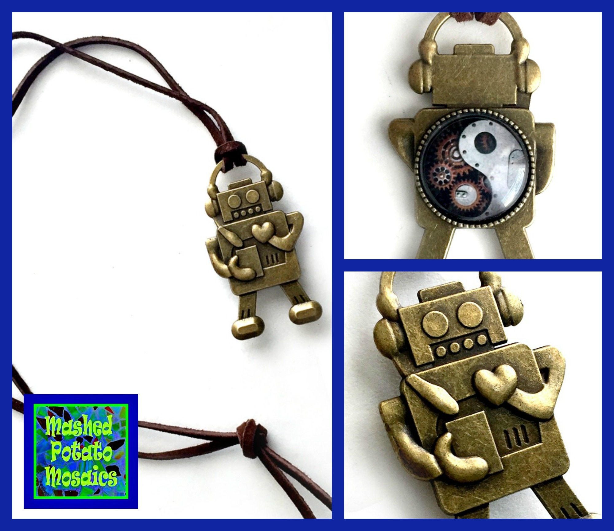 Reversible Robot Pendant Bronze Robot With Leather Strap Yin - Etsy