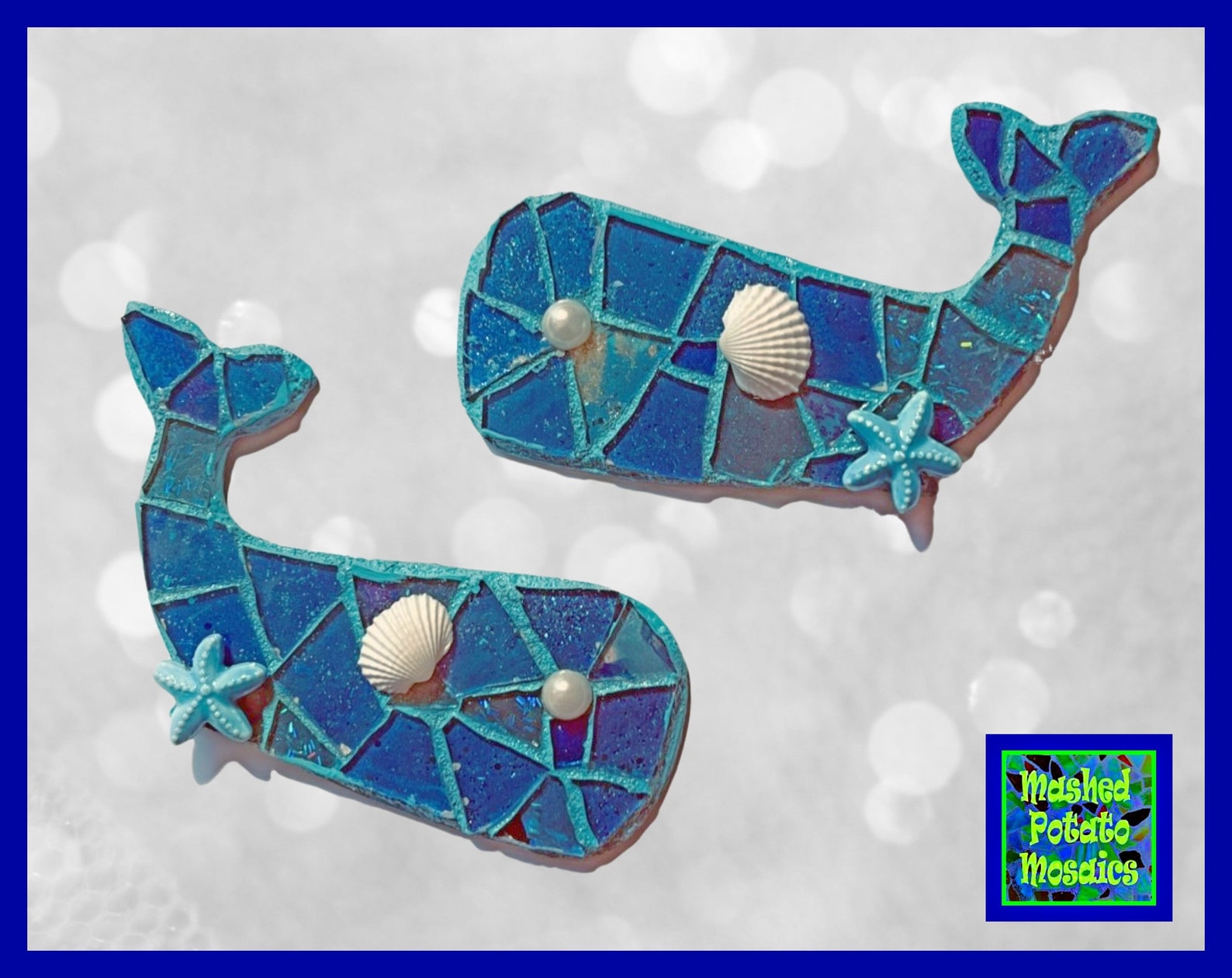 Blue Whales Magnet Set, Two Mosaic Whale Magnets, Blue Whale Mosaic ...