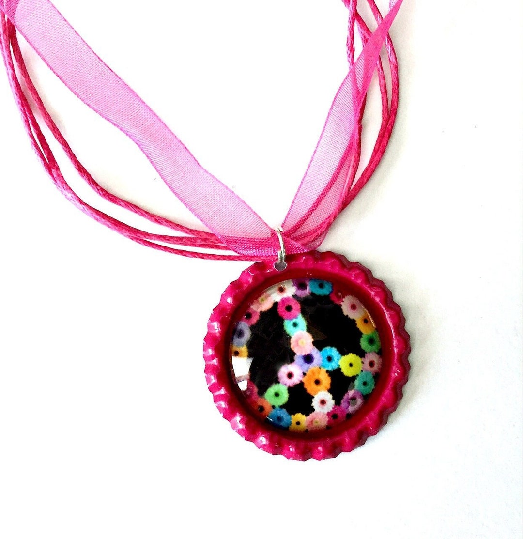 PEACE Sign Ribbon Necklace, Bottle Cap Hot Pink Ribbon Necklace With ...