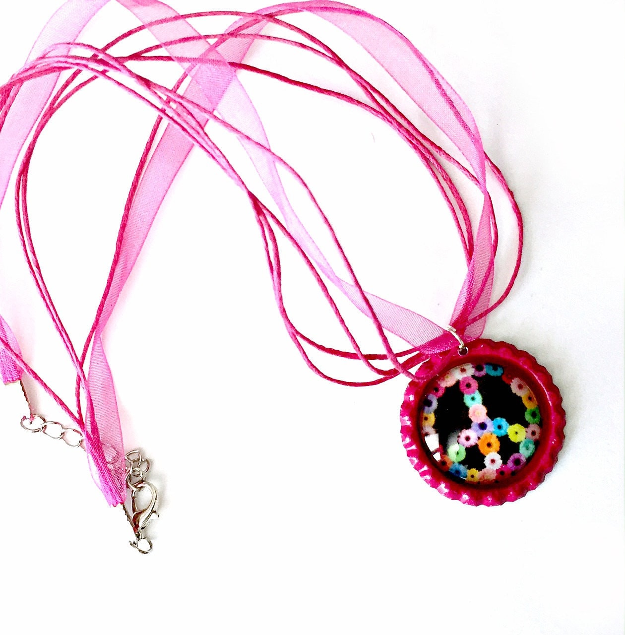 PEACE Sign Ribbon Necklace, Bottle Cap Hot Pink Ribbon Necklace With ...