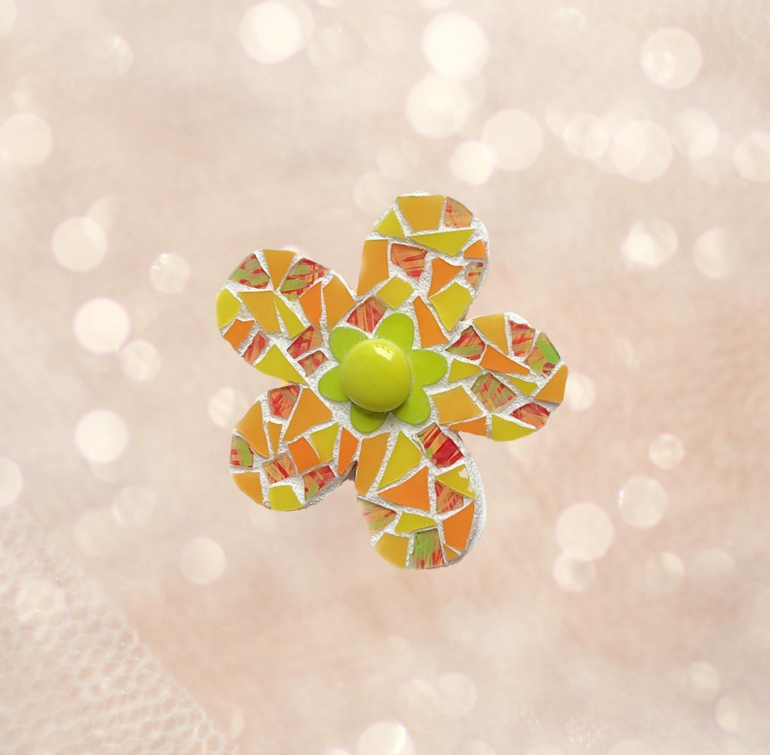 Large Mosaic Flower Magnet, Flower Mosaic Magnet, Orange Yellow Green ...